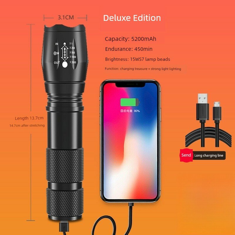 Мощный фонарик с регулируемой фокусировкой, перезаряжаемый, из алюминиевого сплава T6L2, с зумом, для наружного и