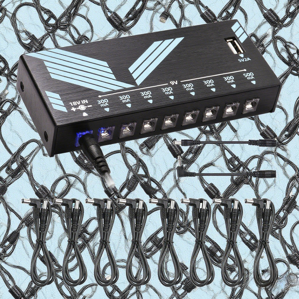 Блок питания для гитарных эффектов с 8 изолированными выходами для педалей эффектов 9V с кабелем питания, черный цвет, материал алюминиевый сплав, адаптер питания вход 18V/1A выход 9V/300mA, размеры 14*5.8*2.5 см, вес 219 г, комплект 1 блок питания, 10
