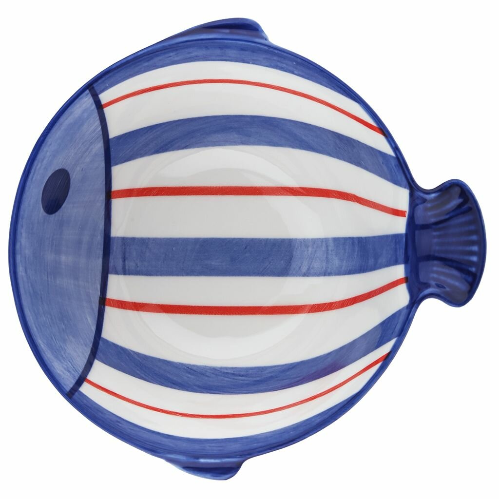 "Синий полосатик" Салатник фарфоровый 600мл, д14,2см, h7см, с ручкой хвостом и плавниками (длина 16,2см), отводка, белый