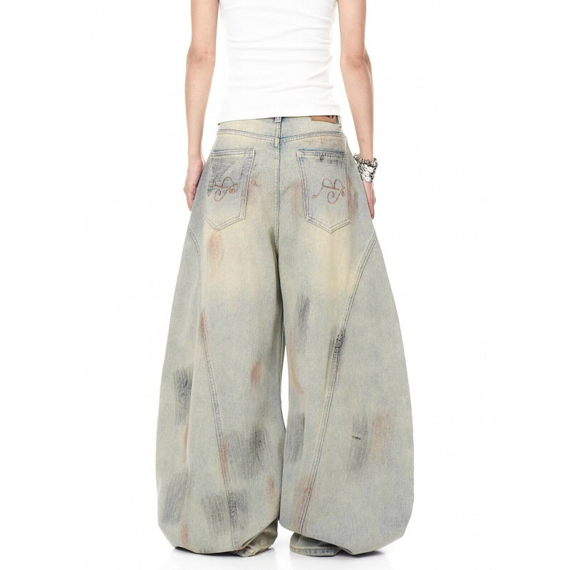 JYL Унисекс Джинсы Широкие Пустыня Грязь Покраска Пара Хип-Хоп Деним, Размер_3XL