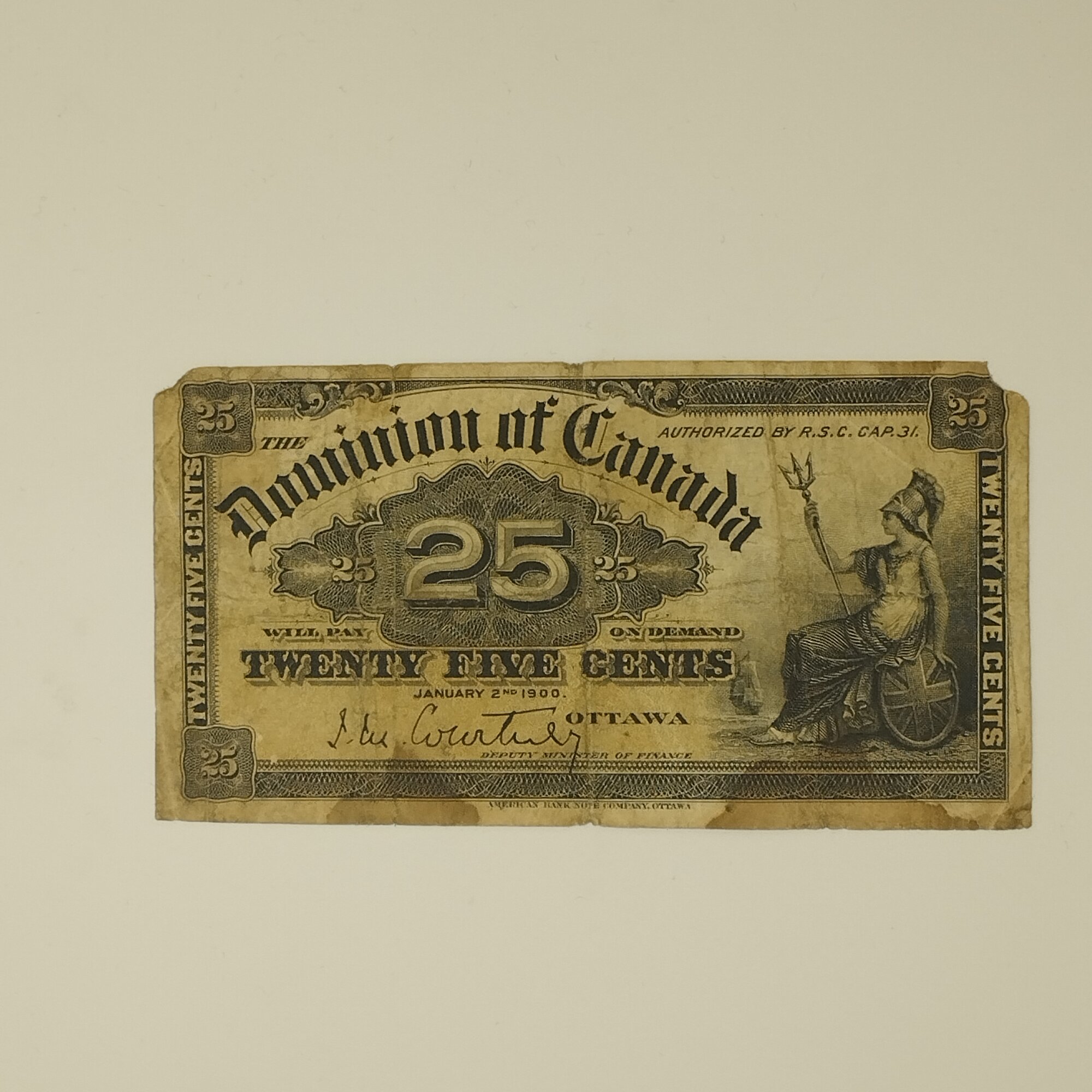 Банкнота. Канада. 1900. 25 центов. Подпись: Boville VG. P-9b