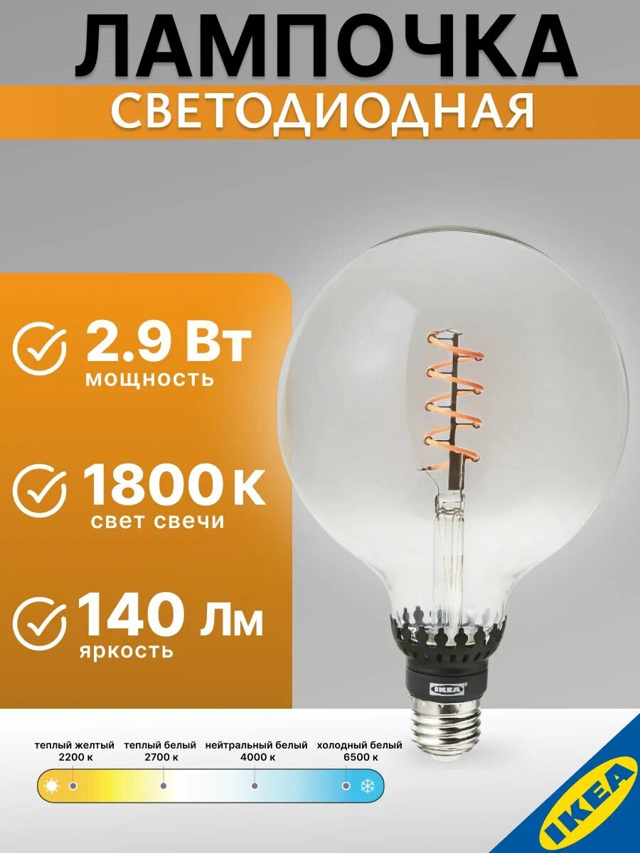 Лампа светодиодная 125мм E27 2.9Вт 140Лм 1800К серое прозрачное стекло IKEA ROLLSBO ролльсбу