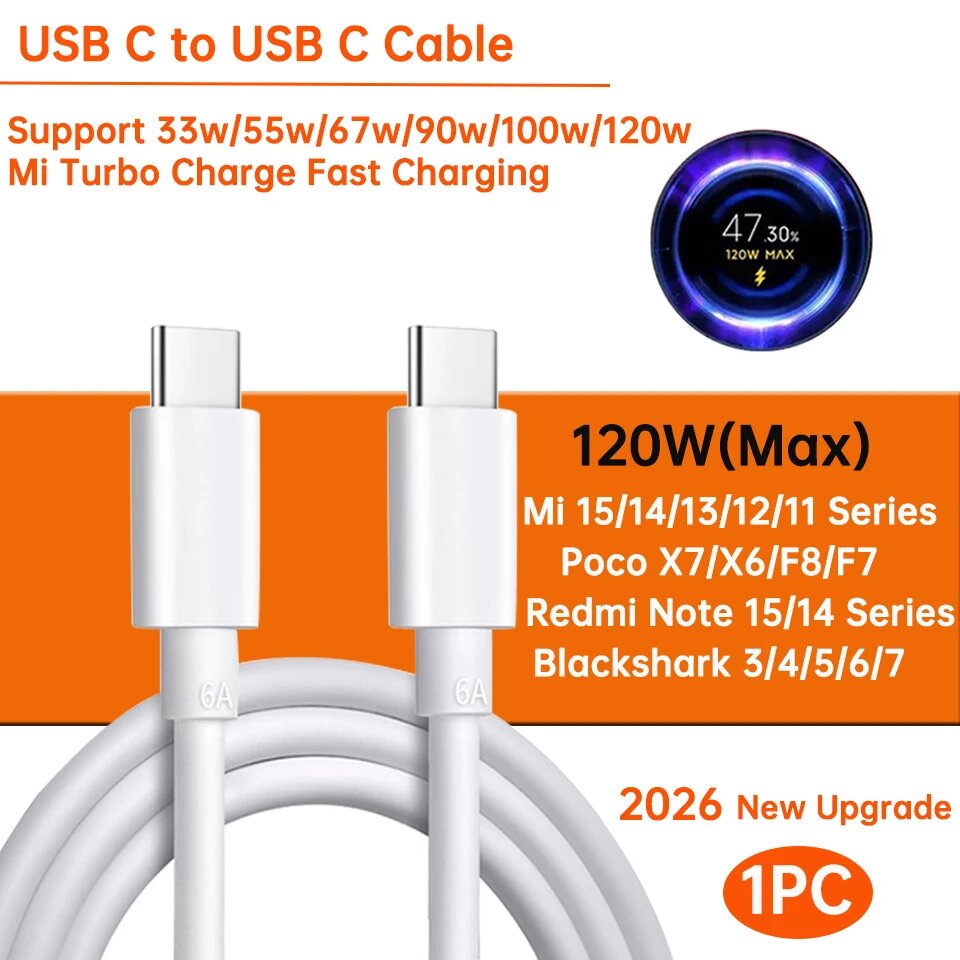 Оригинальный USB Type-C кабель XIAOMI 120W 100W 90W 67W 45W для быстрой зарядки Turbo Mi 17 15 14 13 12 T Pro Ultra Poco F8 X8 X7 Redmi Note