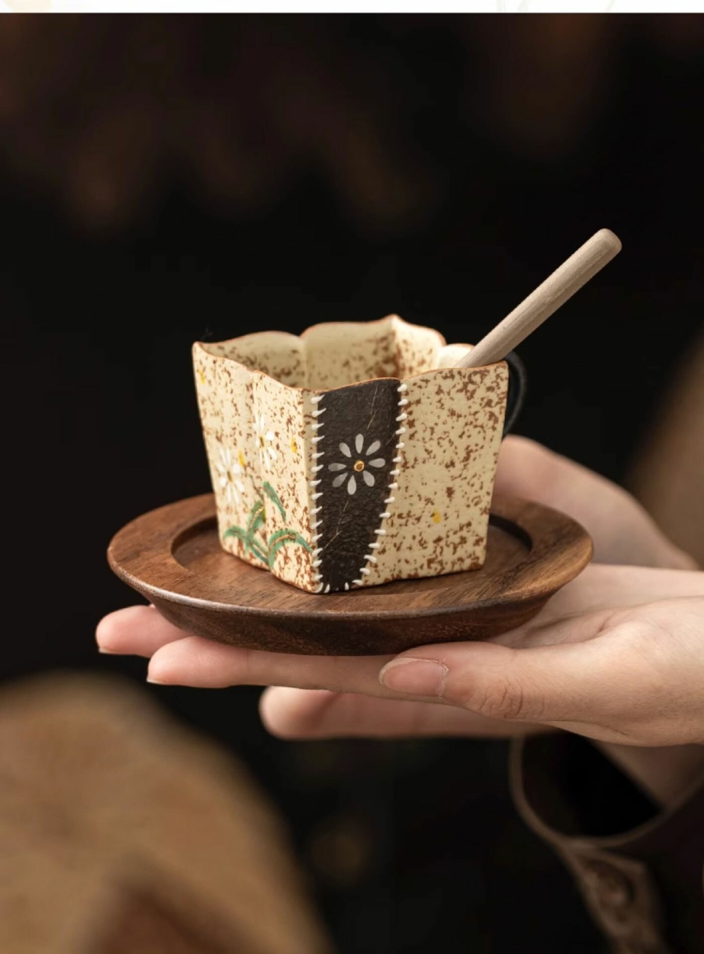 Кофейная чашка, керамическая чайная чашка, кружка + блюдо из грецкого ореха + керамическая ложка [подарочная коробка]