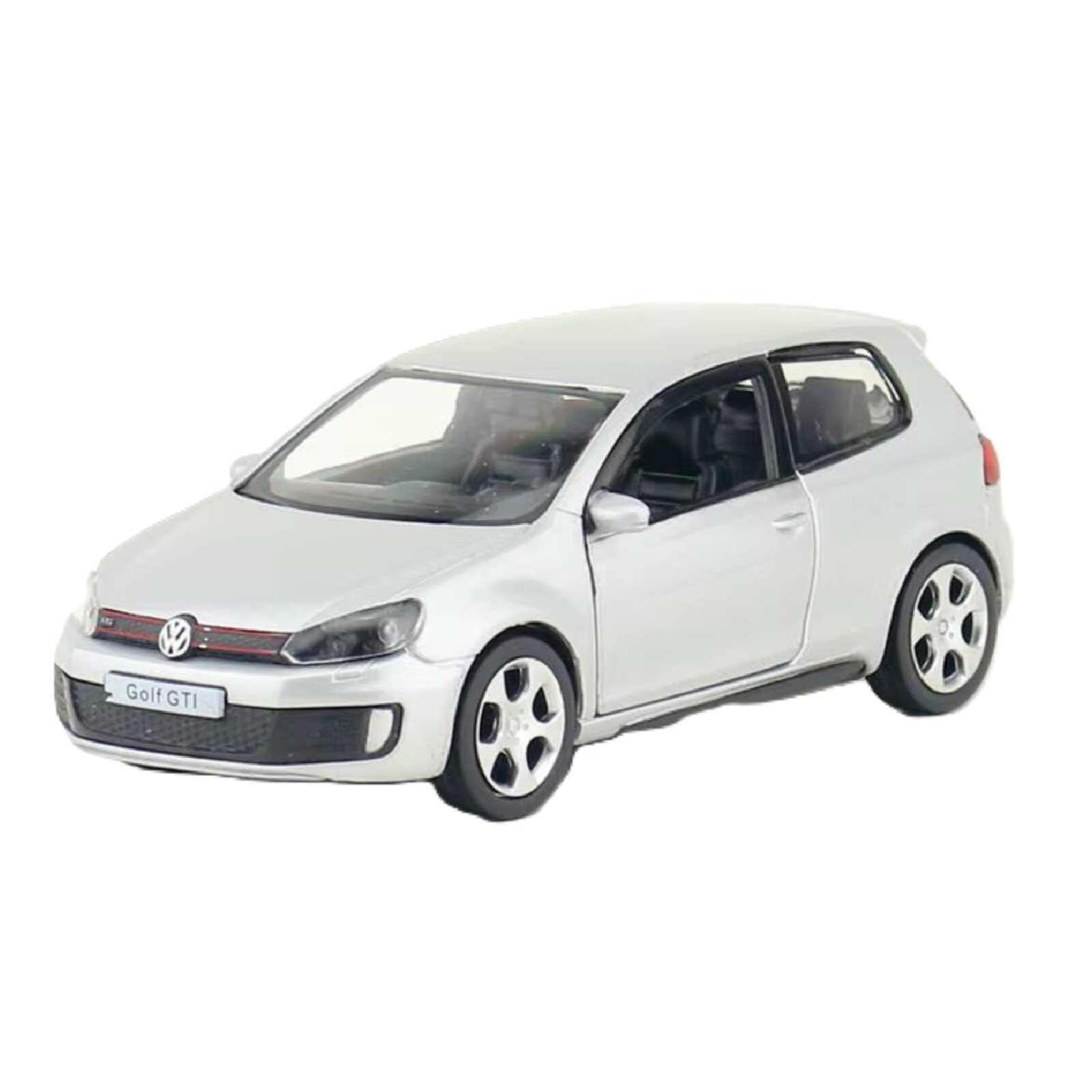 Модель автомобиля Volkswagen Golf GT1 из сплава с механизмом отката (серебристый), масштаб 1:36, длина 12.5см, ширина 5см, высота 4см, с открывающимися дверьми, реальным интерьером и резиновыми шинами