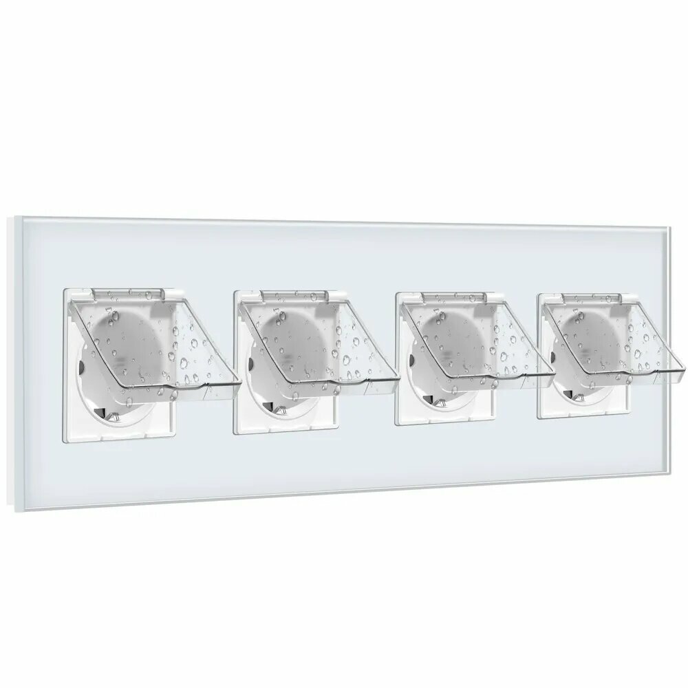 Розетка с USB и type-C входами c крышкой влагозащищённая, 4 поста 16А 250В, рамка стекло Белая