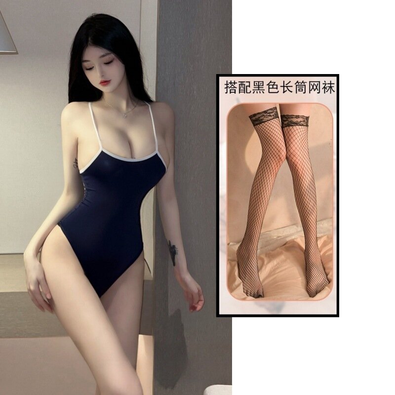 Сексуальное нижнее белье, боди, купальник, школьный купальник, сексуальный тонкий прозрачный боди из молочного шелка с подвязками. Цельный боди + черные сетчатые чулки.