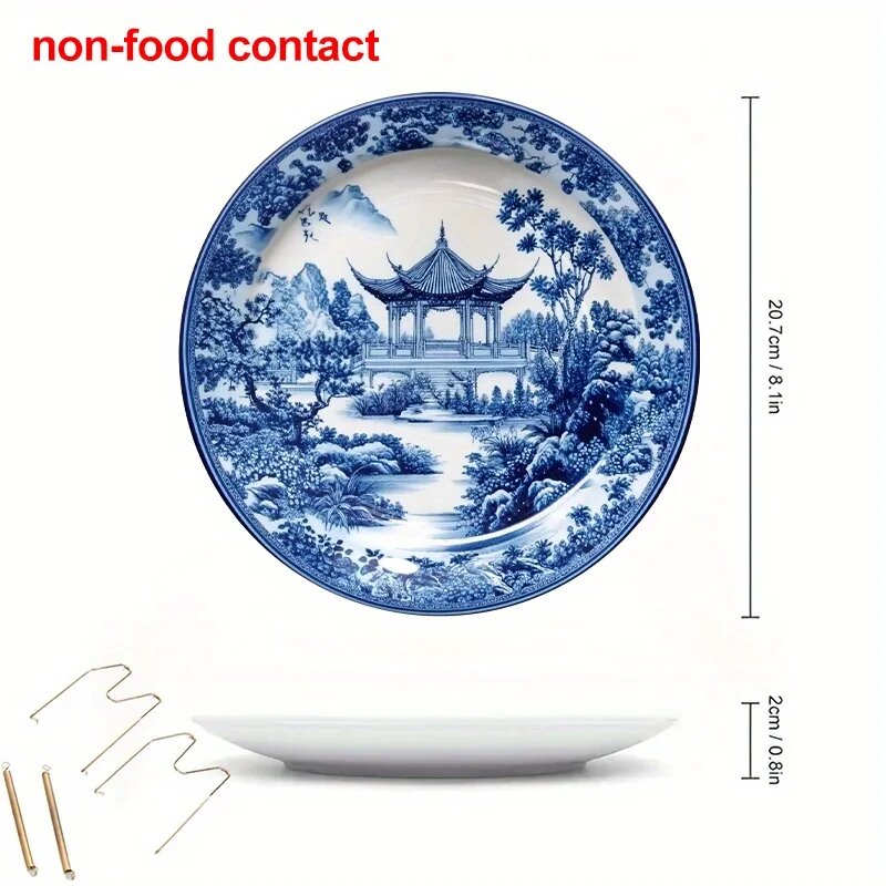 Сине-белая фарфоровая тарелка-поднос в форме павильона