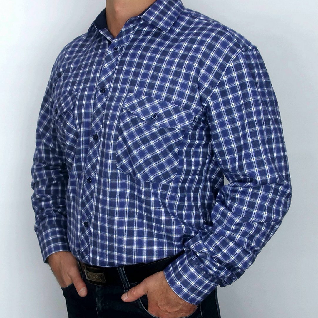 Рубашка Мужская рубашка с длинным рукавом прямая классическая, сорочка на пуговицах, рубаха на любой сезон, синяя клетка, с двумя карманами и клапанами, утепленная теплая рубашка