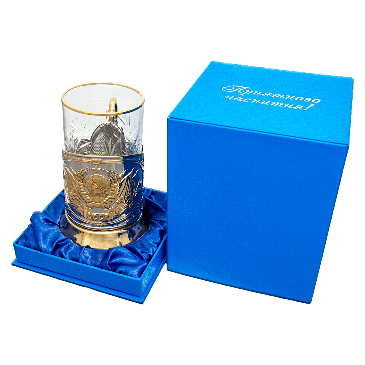 Подстаканник "СССР" в/з - картон. футляр, хруст. стакан, штамп ПД-290/1ШУ