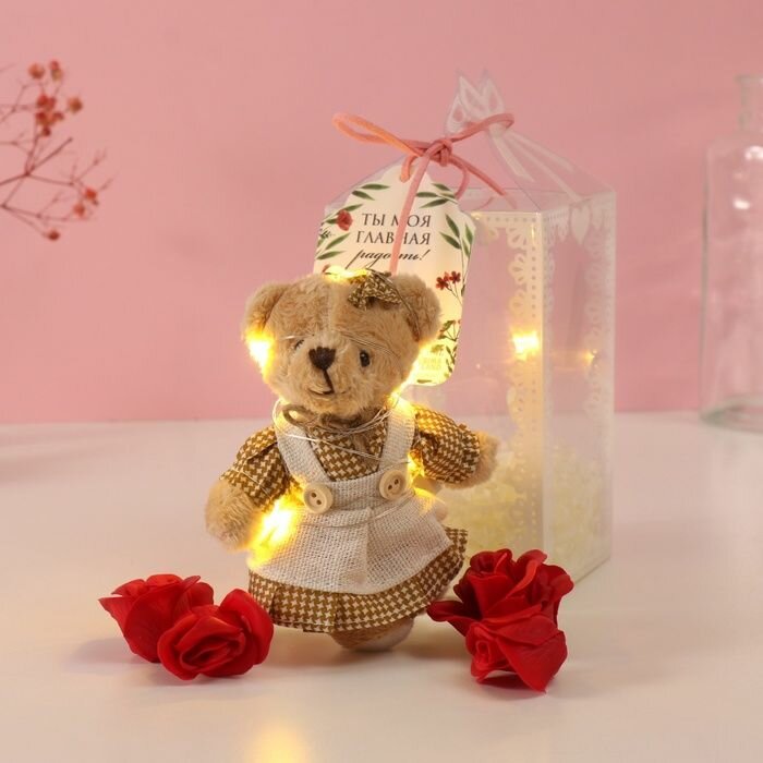 Набор подарочный Мишка в платье , мыльные красные розы 5 шт, роса, 7 7 12 см