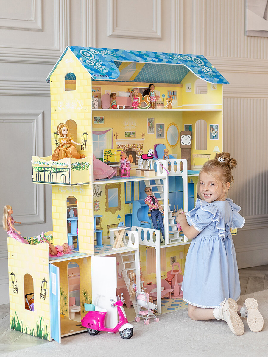 Деревянный кукольный домик "Лира", с мебелью 28 предметов в наборе и с гаражом, для кукол 30 см PD316