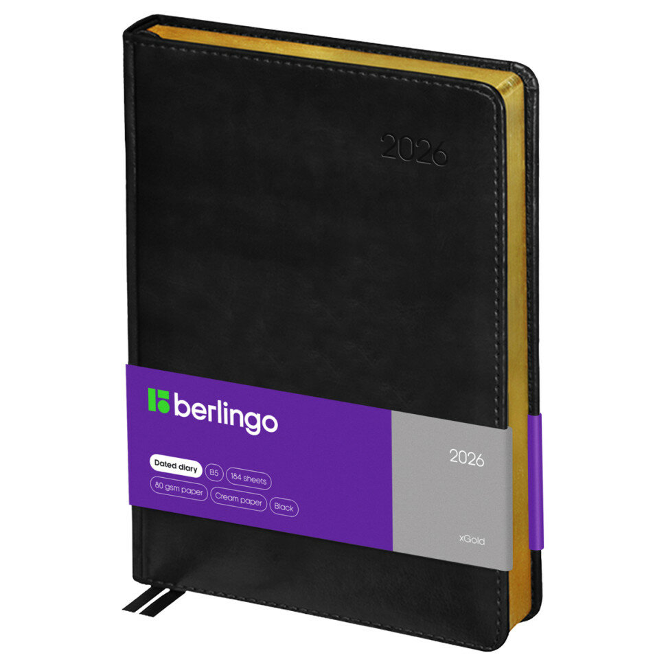 Ежедневник датированный 2026г, А4-(В5), 184л, кожзам, Berlingo "xGold", зол. срез, черный, 381831