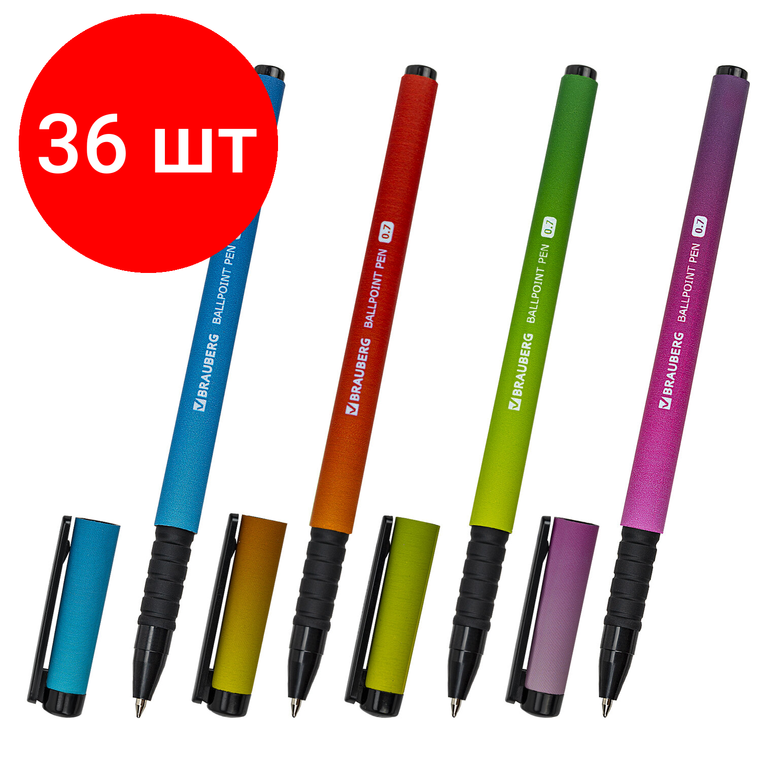 Комплект 36 шт, Ручка шариковая BRAUBERG SOFT TOUCH GRIP "GRADIENT NEON", синяя, мягкое покрытие, ассорти, узел 0.7 мм, 143710