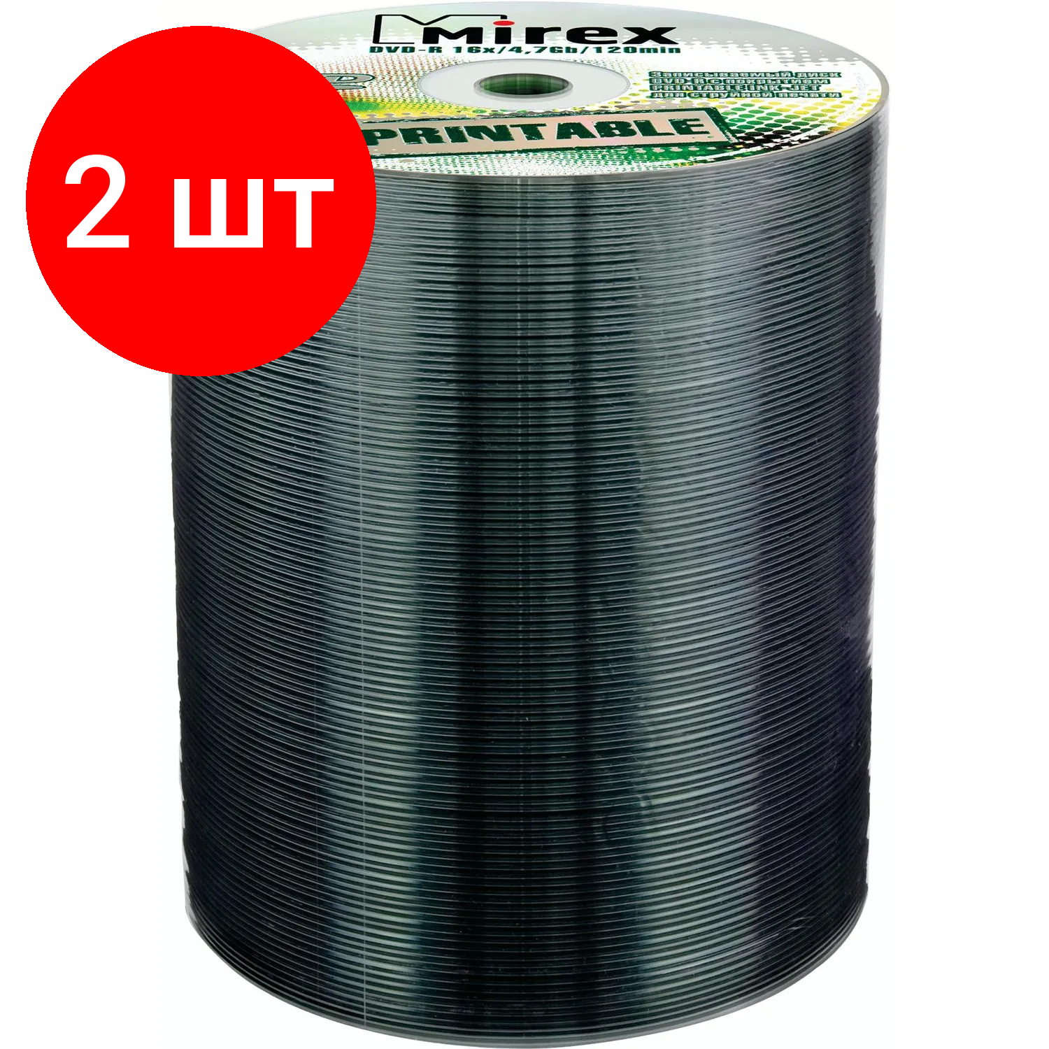 Комплект 2 упаковок, Носители информации DVD-R Printable, 16x, Mirex, Bulk/100, UL130028A1T