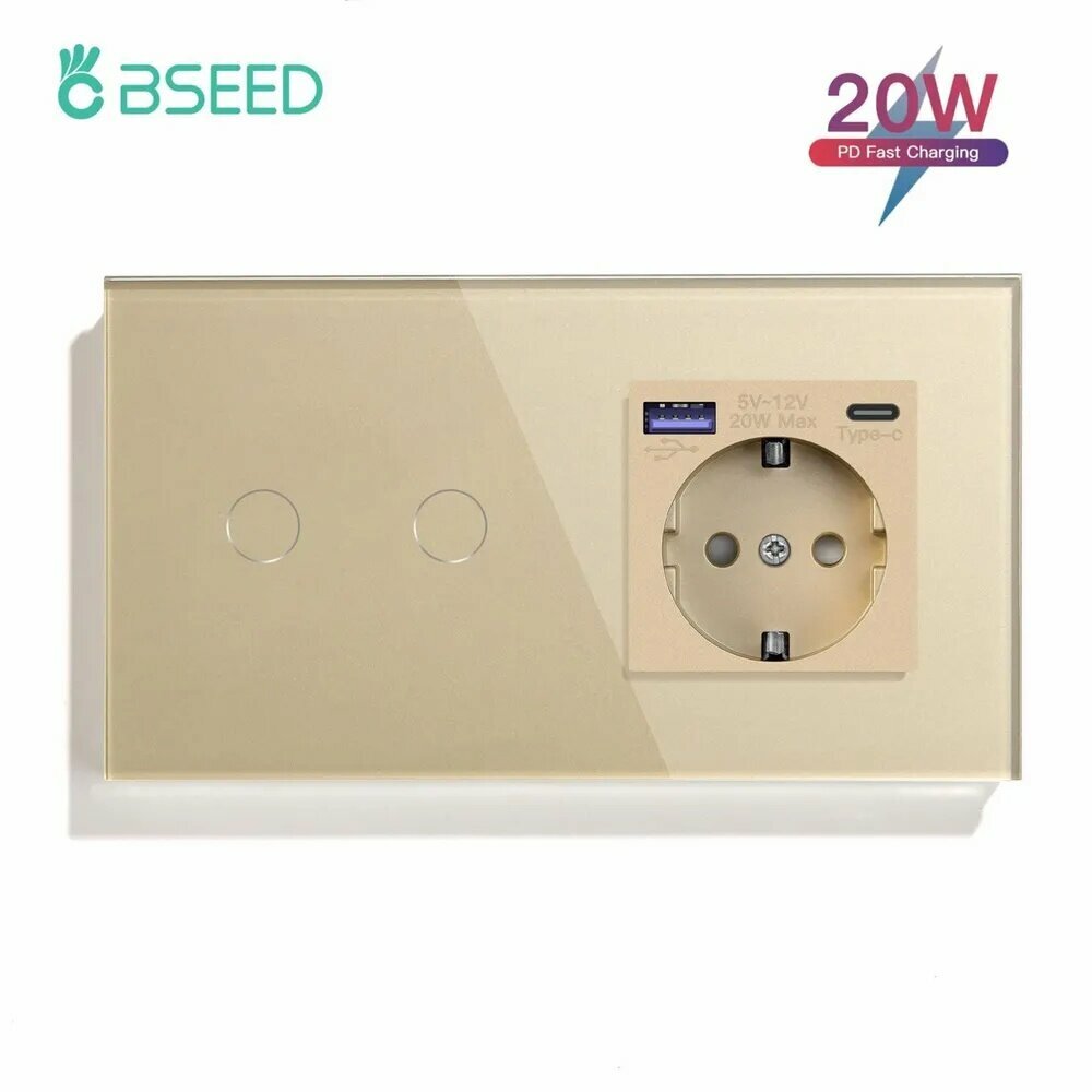 Сенсорный выключатель Zigbee с розеткой с USB и type-C,1/2/3 клавиши 1 розетка, быстрая зарядка 20W, панель стекло