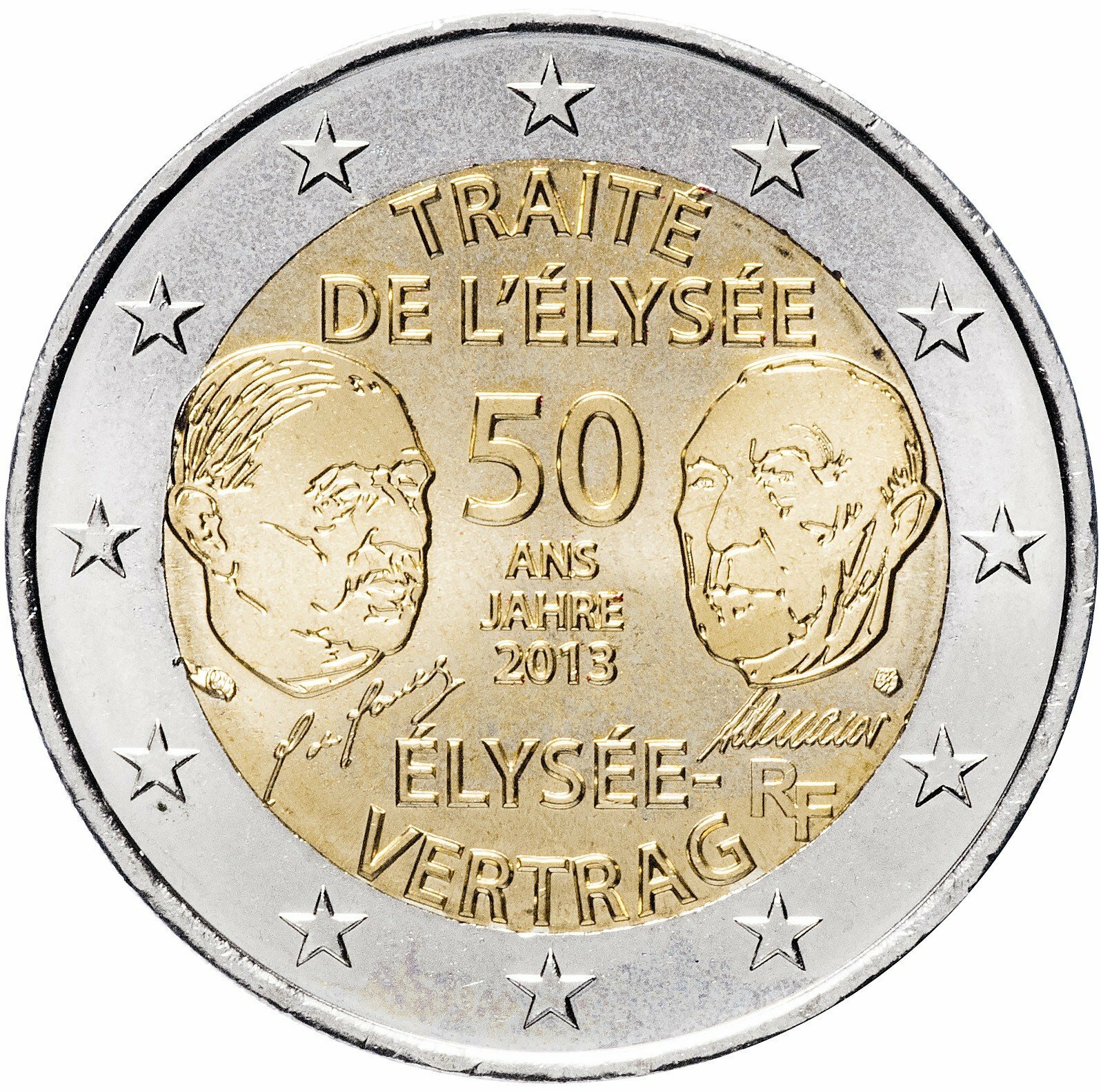 Франция 2 евро 2013 "50 лет Елисейскому договору о франко-германской дружбе", Биметалл, в сохранности UNC