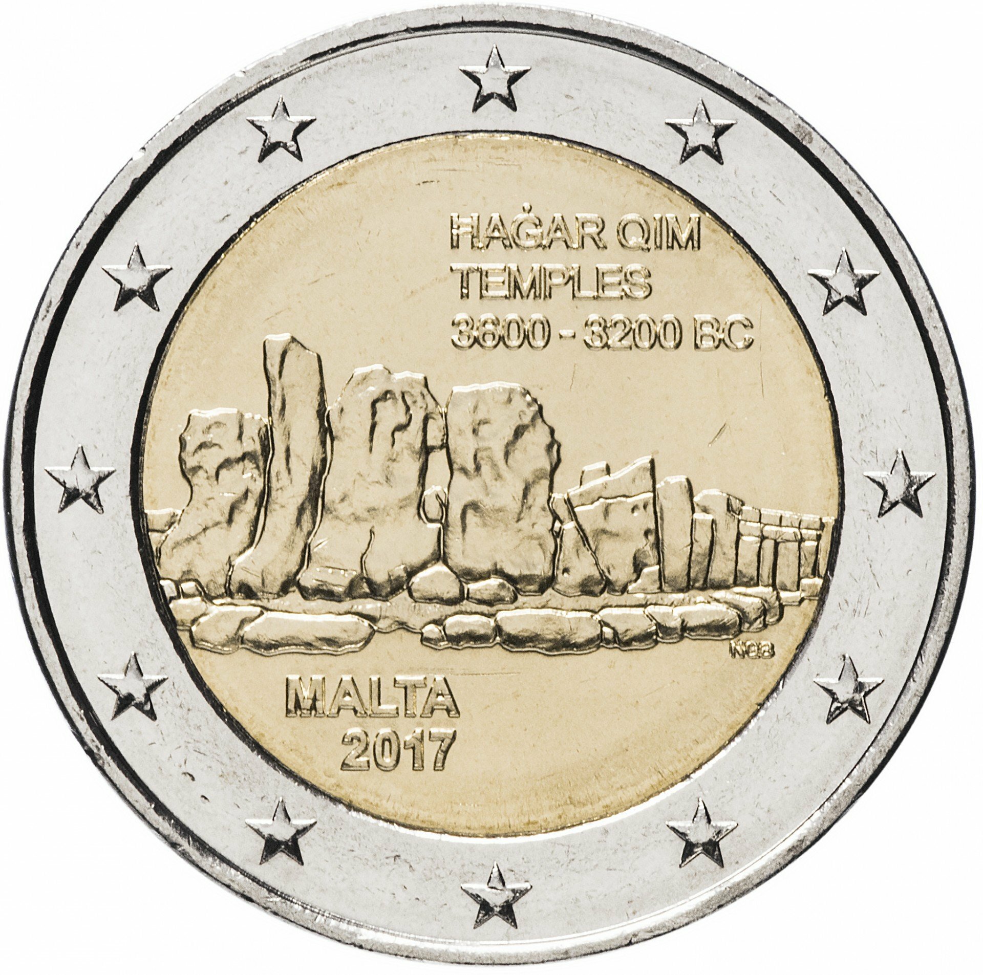 Мальта 2 евро 2017 "Доисторические города Мальты - храм Хаджар-Ким", Биметалл, в сохранности UNC