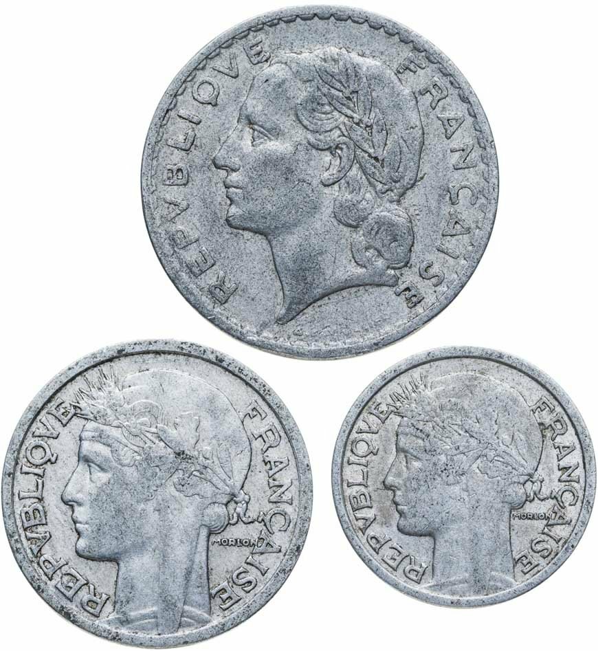 Франция 5 2 1 франк 1944-1949 набор из 3-х монет, Алюминий, в сохранности XF
