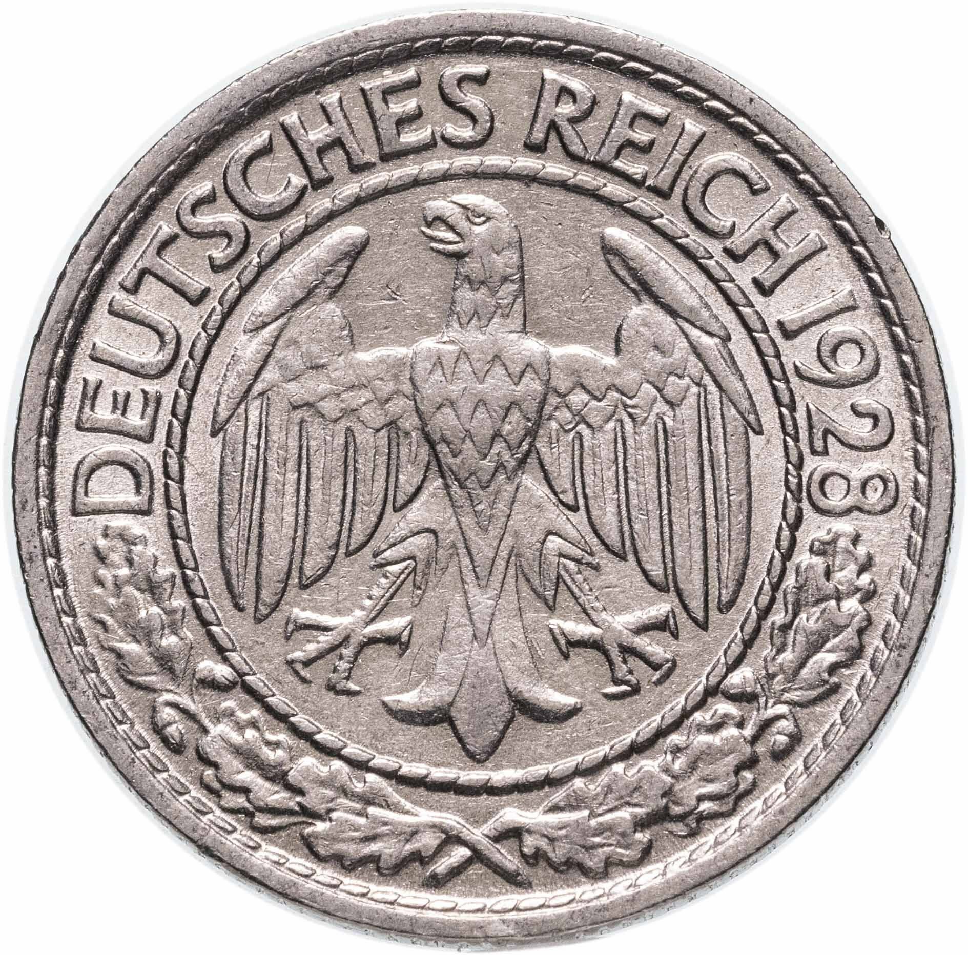 Германия 50 рейхспфеннигов reichspfennig 1928, знак монетного двора "F" — Штутгарт, Никель, в сохранности AU