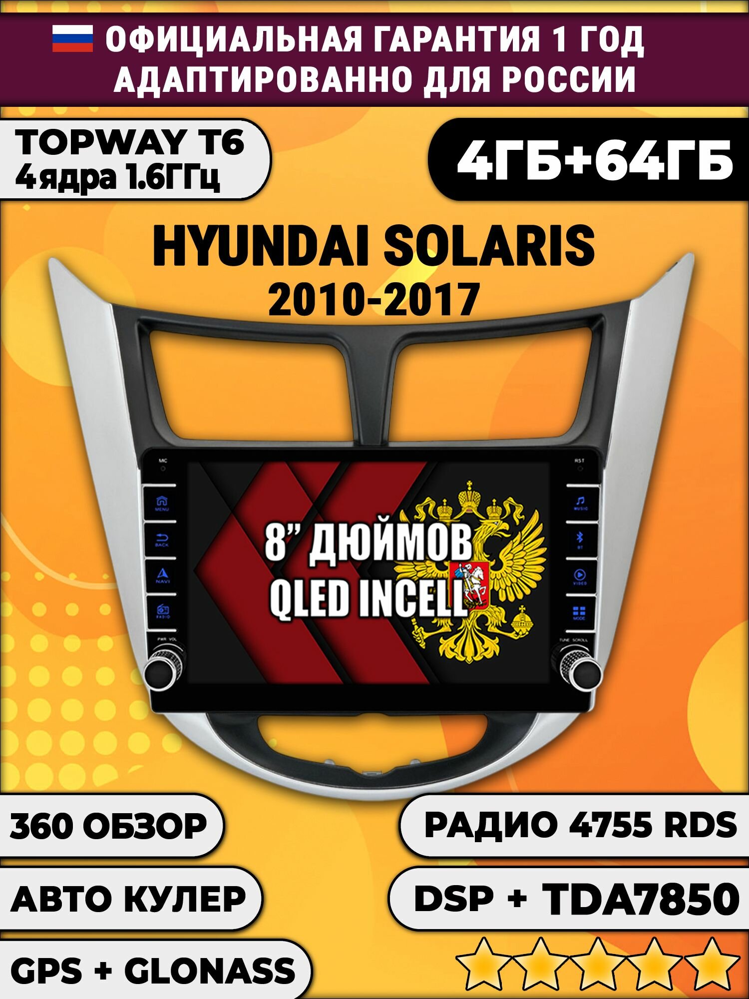 4гб+64гб с DSP и 360 для HYUNDAI SOLARIS (2010 2011 2012 2013 2014 2015 2016 2017) Соларис, рамка с черным центром, Android магнитола с DSP и усилителем TDA7850