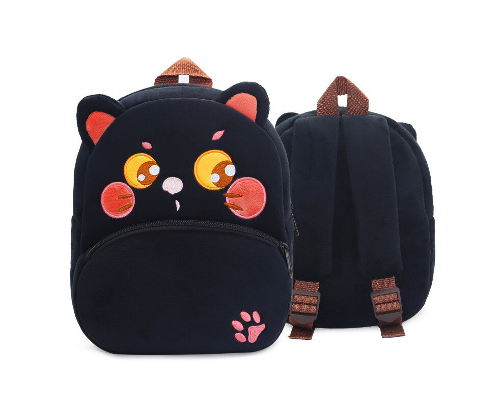 Рюкзак для детей с куклой черного кота, школьный рюкзак для малышей, унисекс, размер для детей 3-5 лет, из плюшена, с зippers, для школьных принадлежностей, игрушек, книг, еды, карандашей