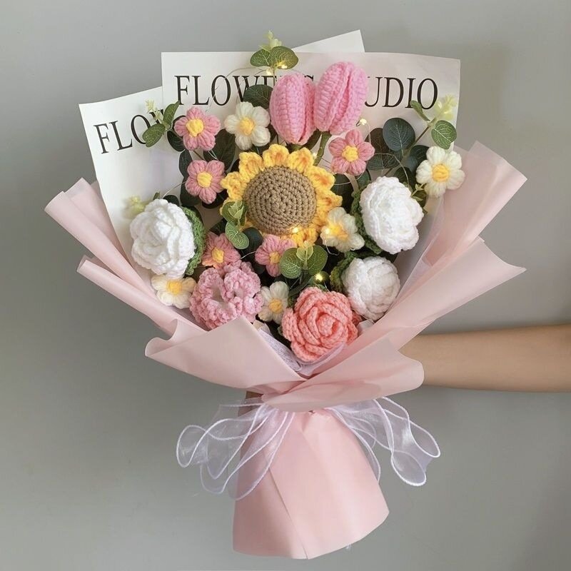 Вязаный букет из цветов, готовый вязаный букет, искусственные цветы, ручная работа, супер большой букет, подарок для девушки на День святого Валентина, день рождения