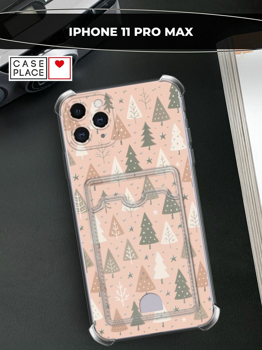 Чехол на Apple iPhone 11 Pro Max (Айфон 11 Про Макс) с картой и принтом Елки фон
