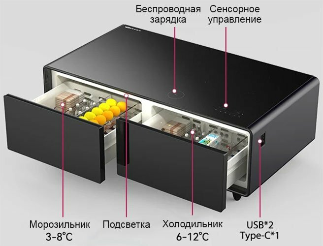 Умный стол-холодильник TB135 LUX, с беспроводной зарядкой, Bluetooth, USB