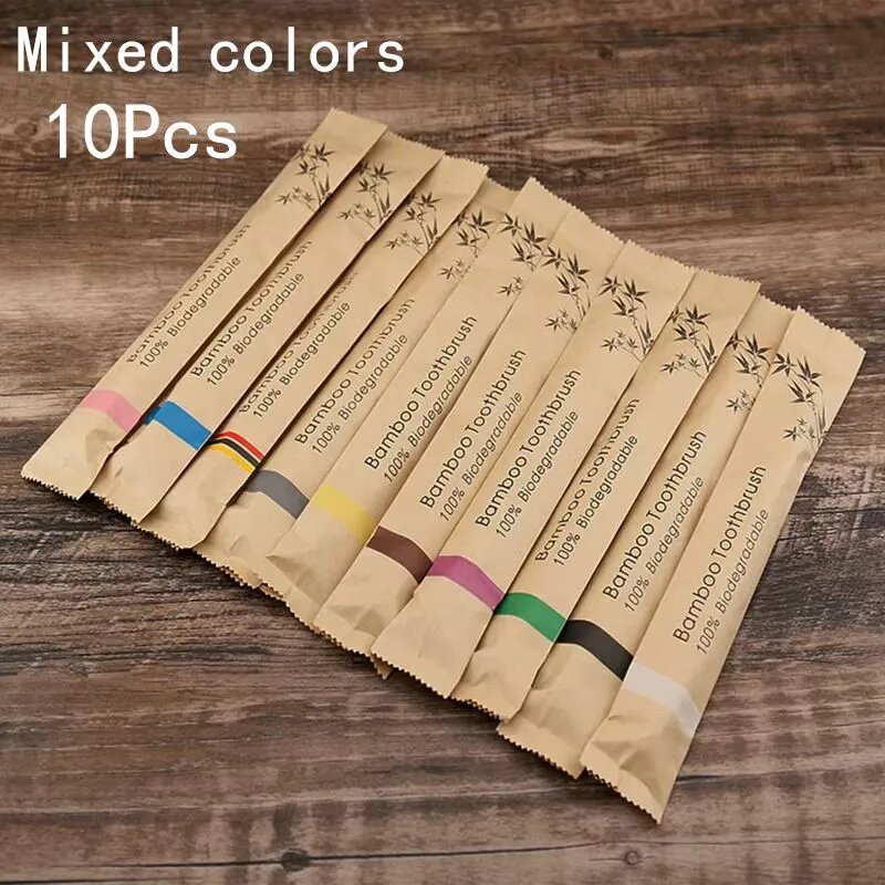 Зубная щетка для взрослых с мягкой щетиной из бамбука, 10 шт, поддающаяся естественному биологическому разложению