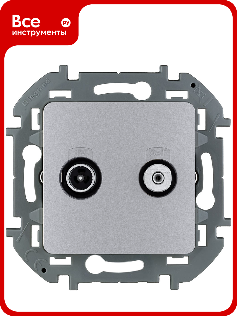 Розетка Legrand Inspiria TV-SAT "Звезда" с заземлением, алюминий, 2 гнезда, IP20, встраиваемая, без рамки, серебристая,