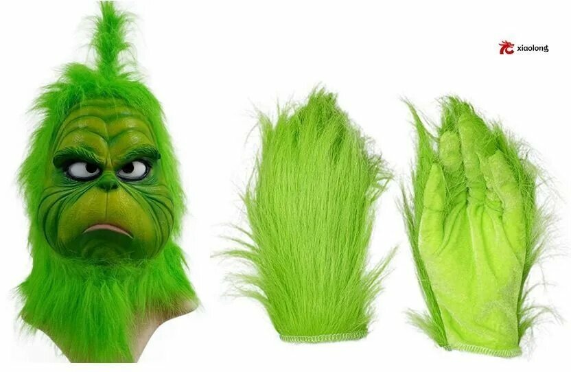 Маска карнавальная, Латексная маска и перчатки Гринча используются для рождественских костюмов для косплея на Хэллоуин