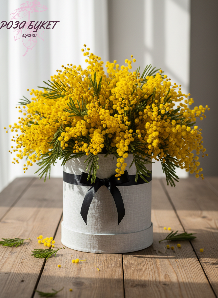 Букет цветов, букет из мимозы 9 веток в шляпной коробке, пермиум букет, мимоза