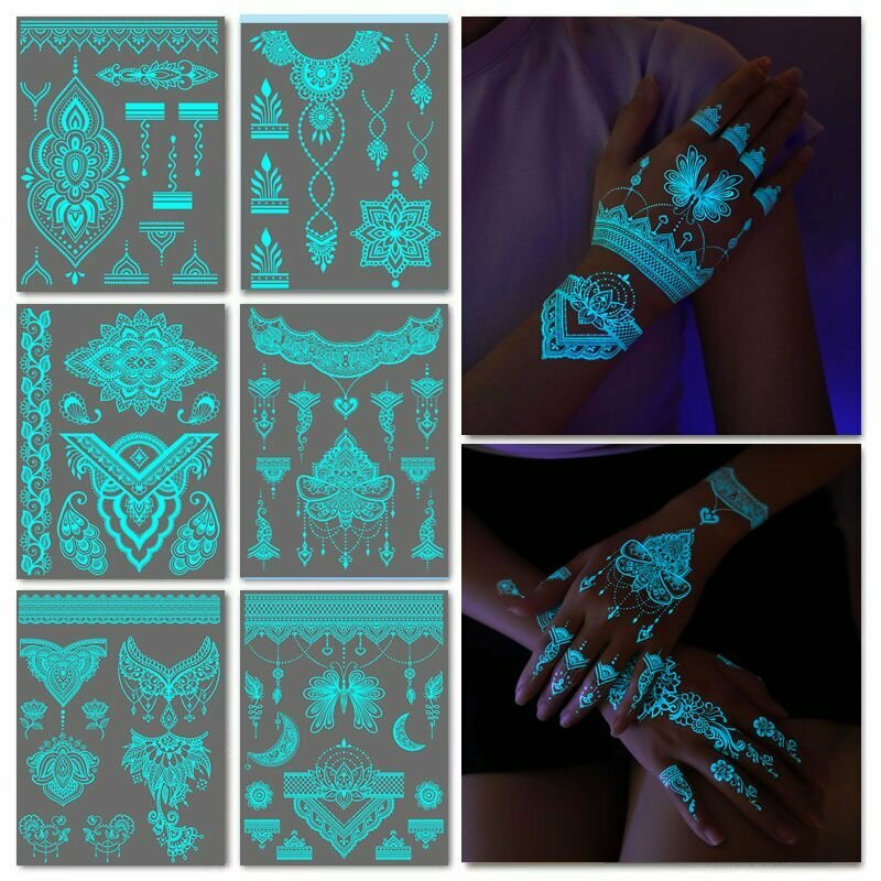Белая хна татуировка наклейка красивое кружево на тыльной стороне руки цветок бабочка невеста светящаяся наклейка, светящийся стикер для запястья и ключицы