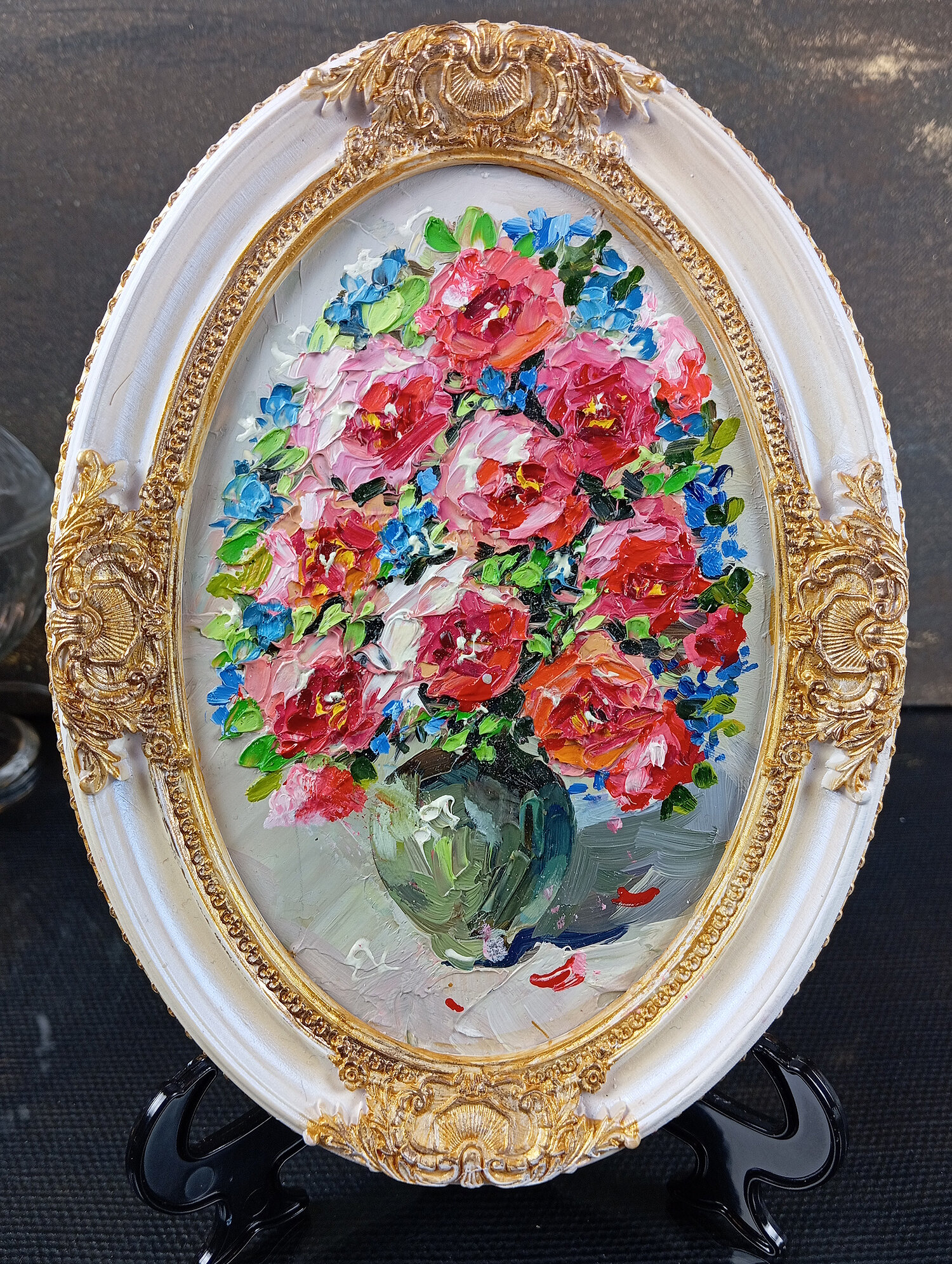 Картина в овальной раме с лепниной "Розы" 10х15 см Живопись маслом