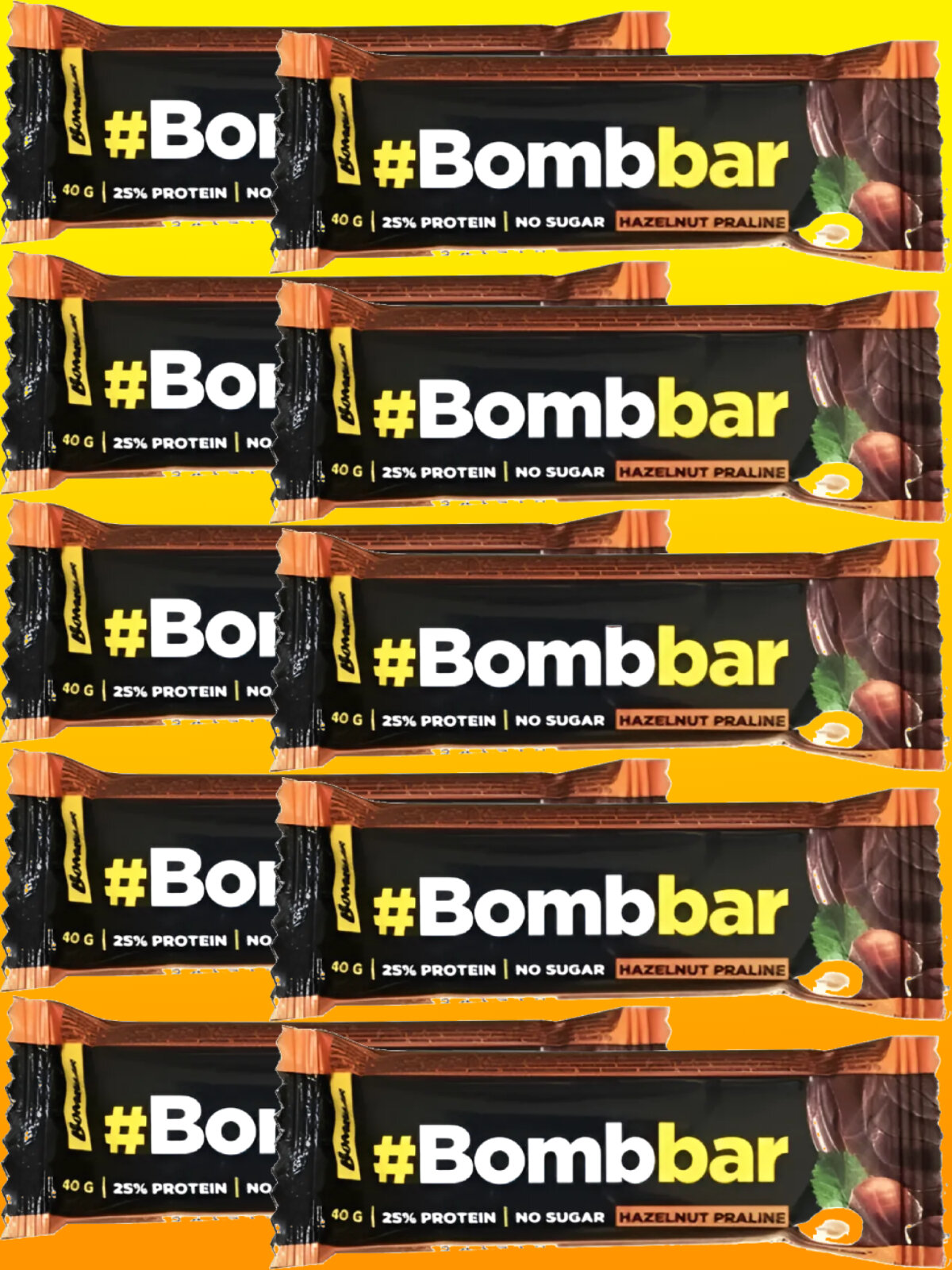 Протеиновый батончик BombBar Батончики в шоколаде без сахара 10 x 40 г, Фундучное пралине