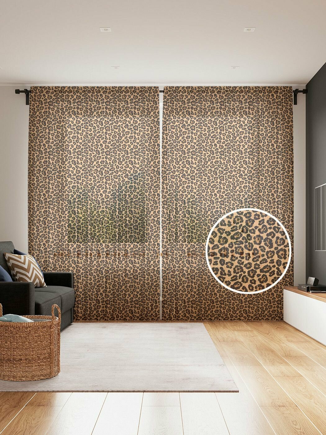 Тюль, фототюль JoyArty "Пятна леопарда" высота 265 см, ширина 145 см (2 полотна) на шторной ленте, крючки в комплекте