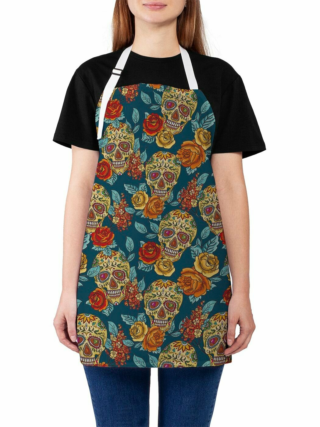 Фартук кухонный тканевый "Праздничные черепа" 65х65х28 см, JoyArty