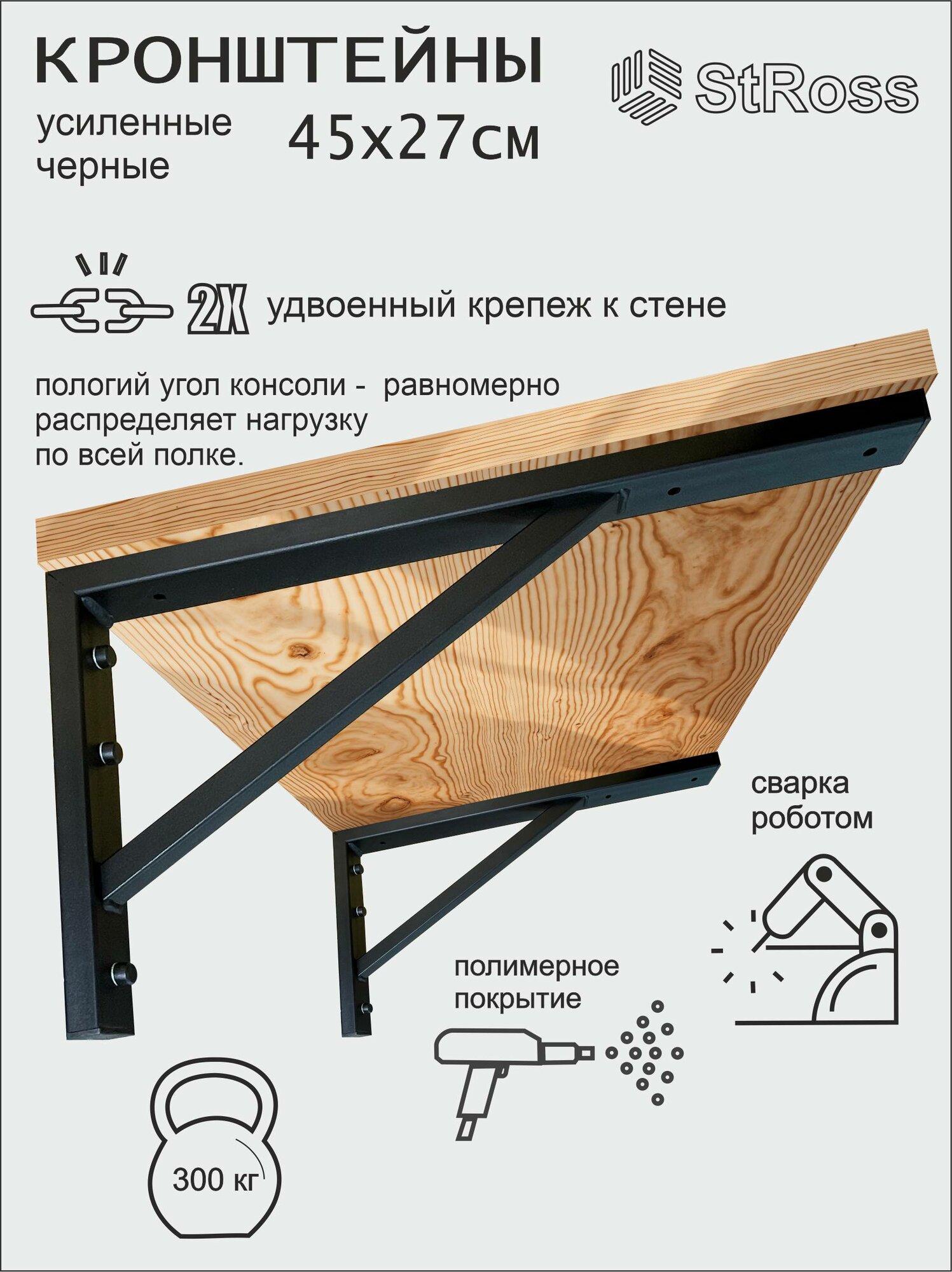 Усиленные кронштейны 45см, 2шт, черные для полок, раковин, столов
