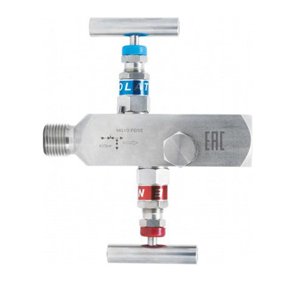 Клапан игольчатый двухвентильный Росма SS-2R Ду15 Ру400, нержавеющая сталь, внутренняя/наружная резьба FG1/2-MG1/2, дренажный вентиль