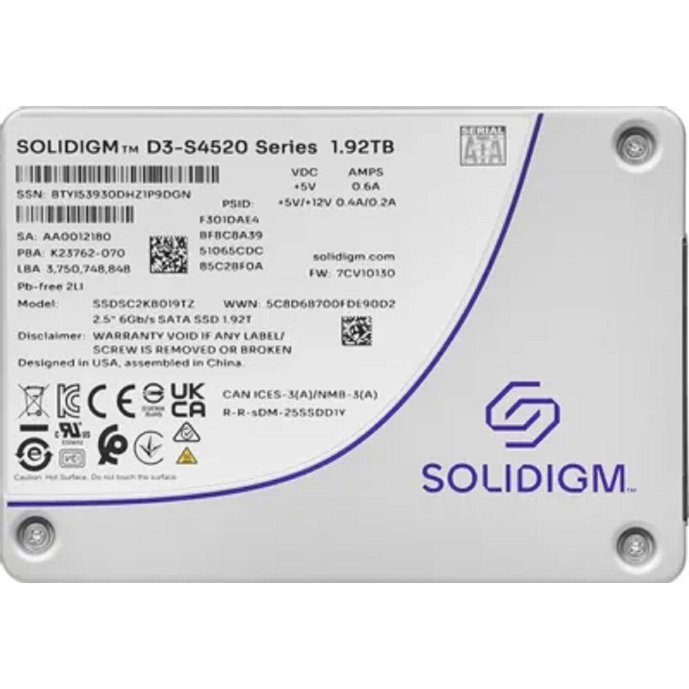 Накопитель Solidigm SSDSC2KB019TZ1Z Solidigm SSD D3-S4520 Series, 1920GB, 2.5" 7mm, SATA3, TLC, R/W 550/510MB/s, IOPs 91 000/38 000, TBW 8800, DWPD 3 (12 мес.)