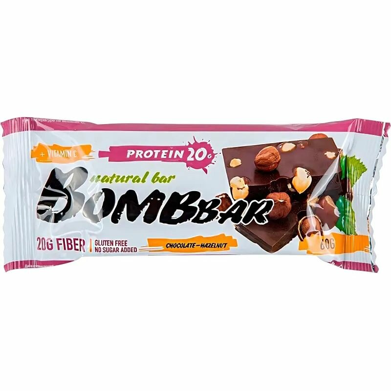 Батончик Bombbar неглазированный с протеином Шоколад-фундук, 60 г
