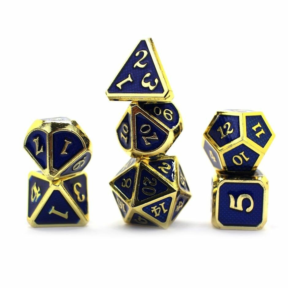 Кости игральные для DnD и RPG, кубики металл для Dungeons & Dragons, дайсы ДнД и РПГ 7 шт. Сапфирово-золотая сеть