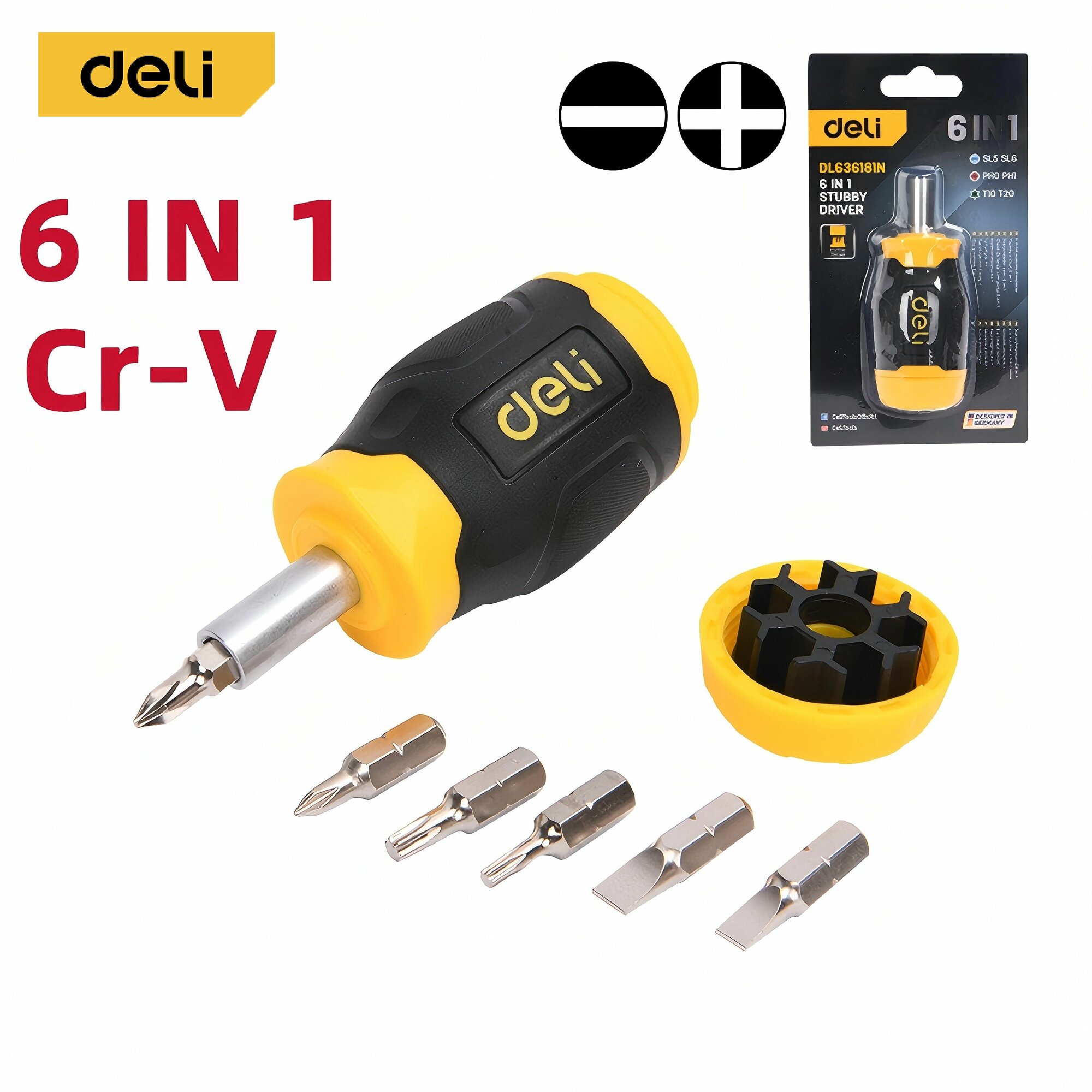Отвертка с набором бит 6-в-1 Deli DL636181N (Cr-V сталь, Биты SL5, SL6, PH0, PH1, T10, T20)