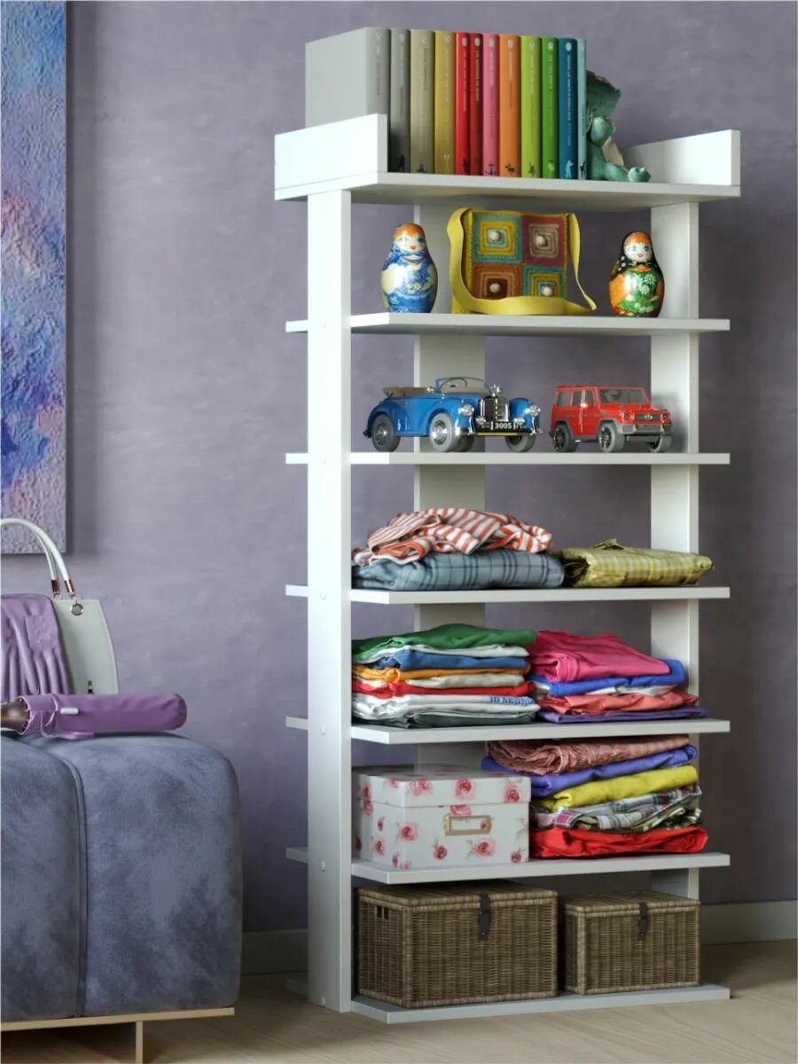 Стеллаж, этажерка узкая, высокая, для обуви, книг, деревянная ЛДСП Белый