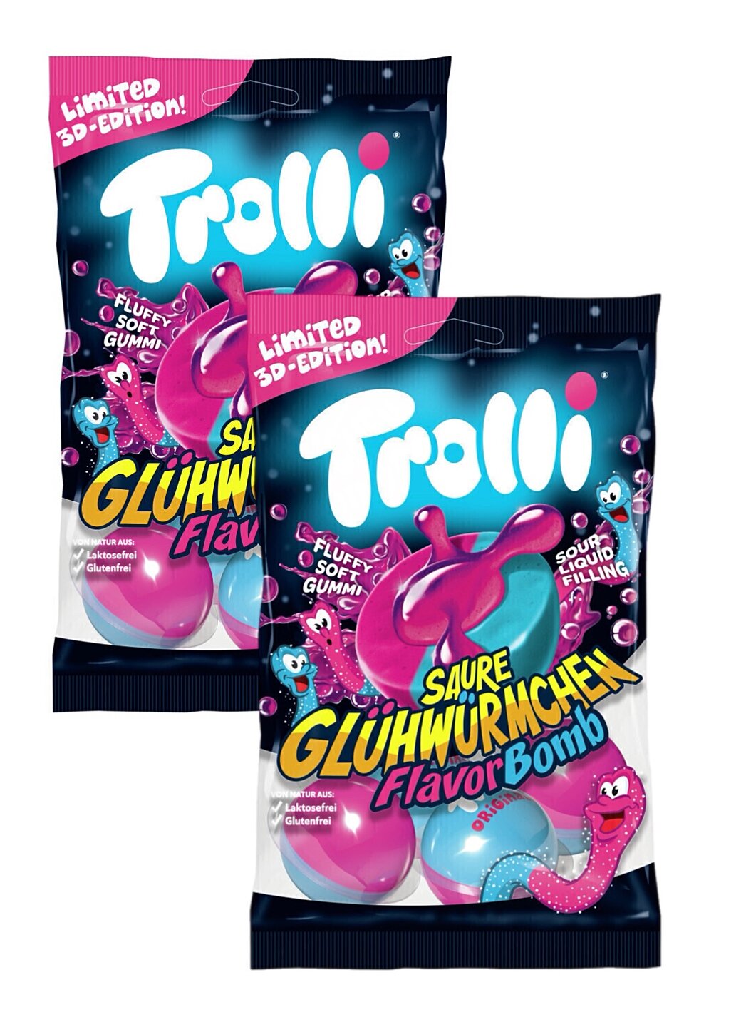 Мармелад Trolli Sour Glowworms FlavorBomb /Тролли Кислые светящиеся червячки 75г х 2 шт