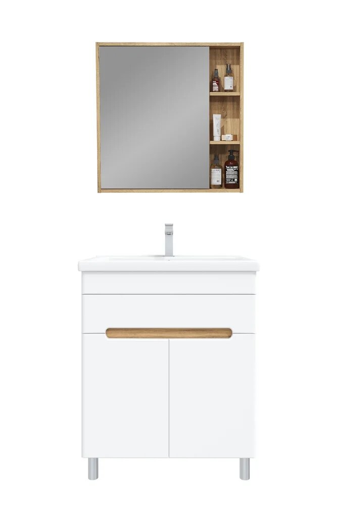 Мебель для ванной комнаты SanStar Модена 70 напольная, глянцевая белая, дуб вотан, раковина Миранда 70