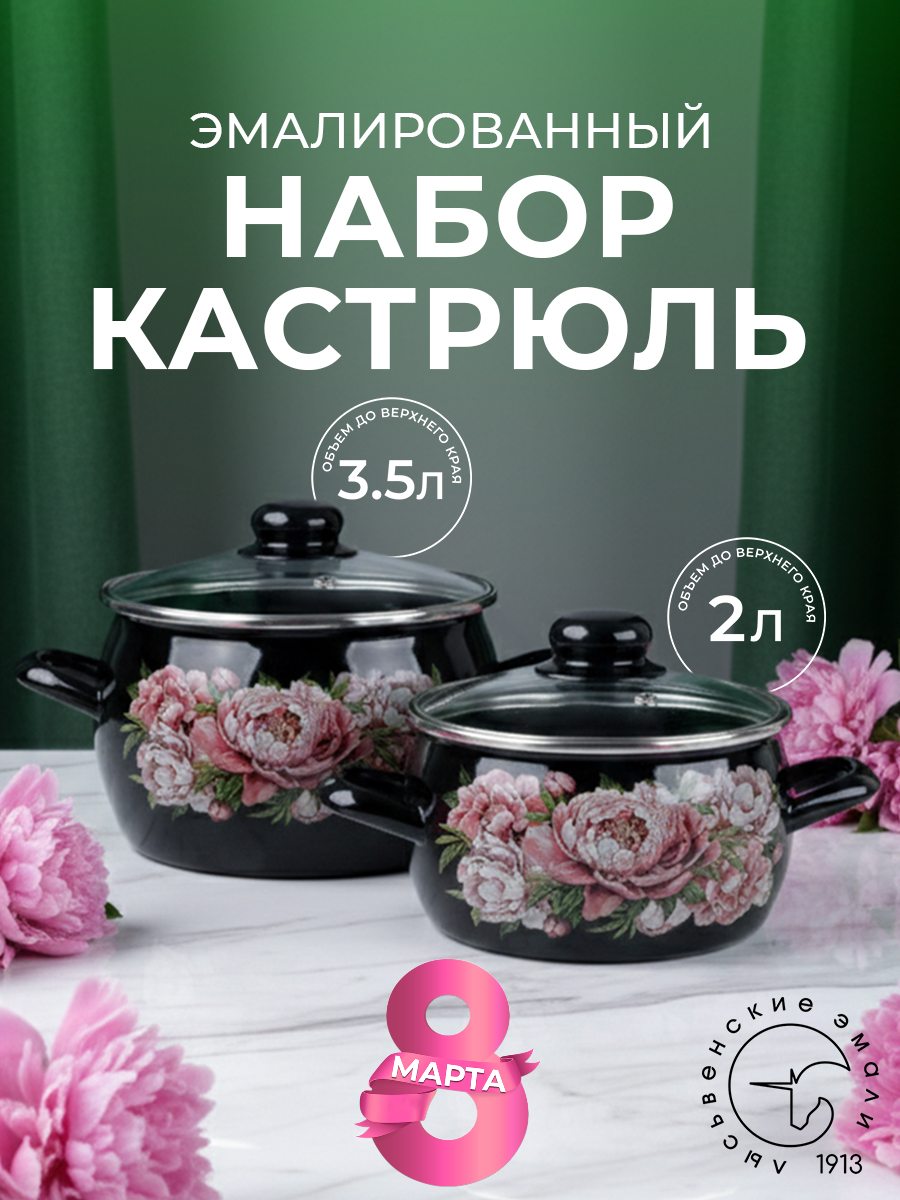 Набор кастрюль эмалированных Лысьвенские эмали "Букет пионов" 2шт (2л, 3,5л)с крышками для всех видов плит черные