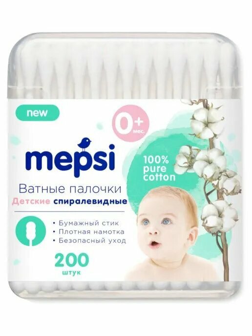 Детские ватные палочки Mepsi спиралевидная намотка 200 шт