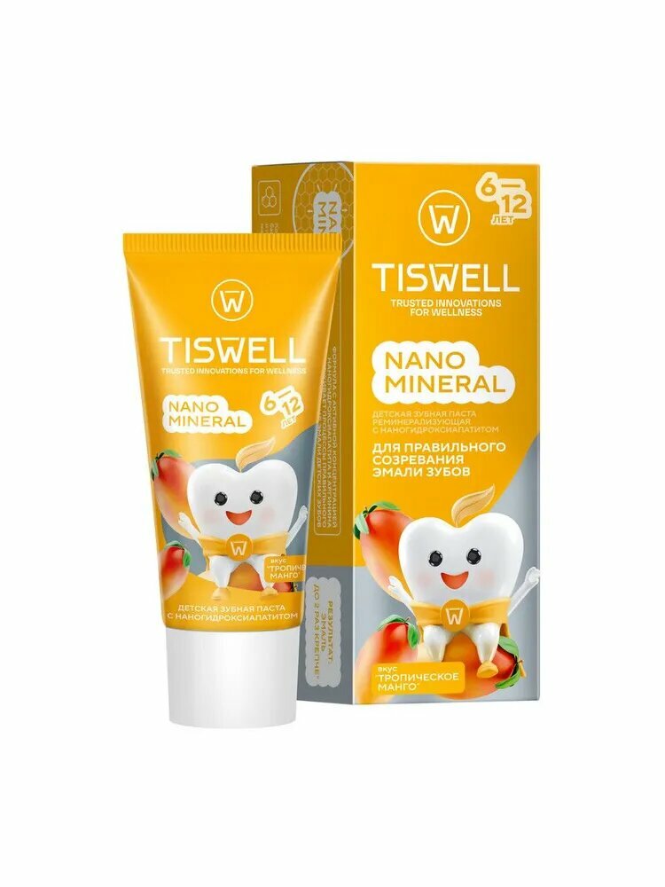Зубная паста Tiswell детская реминерализующая от кариеса с наногидроксиапатитом и фтором Манго 6–12 лет, 60 гр